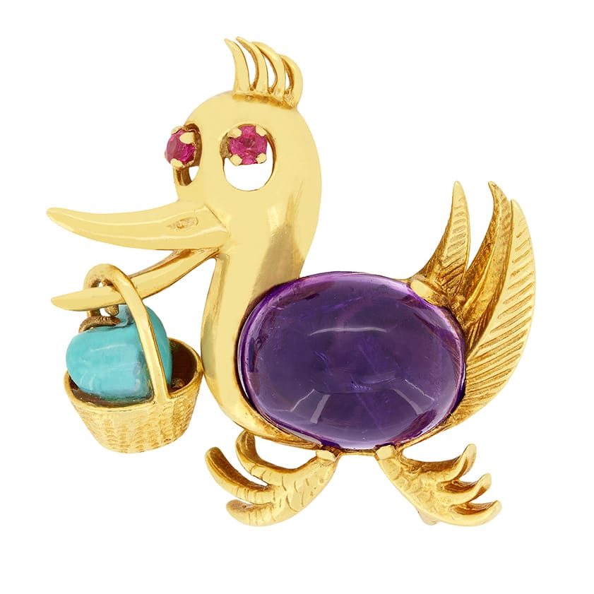Vintage 7.00ct Amethyst, Turquoise and Ruby Duck brooch, c.1970s ...